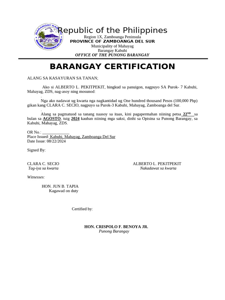 Barangay Certification - Agreement Bayad Kwarta | PDF