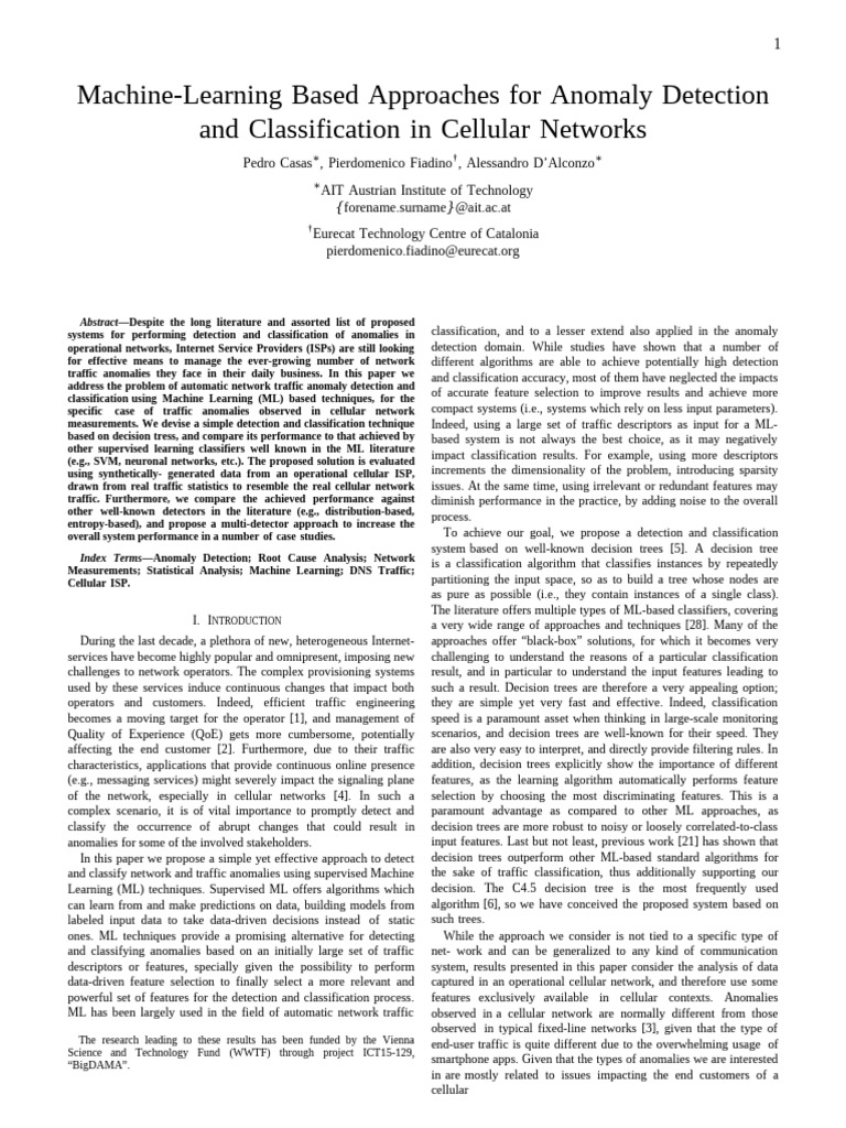 Machine-Learning Based Approaches For Anomaly Detection and Classification in Cellular Networks ...