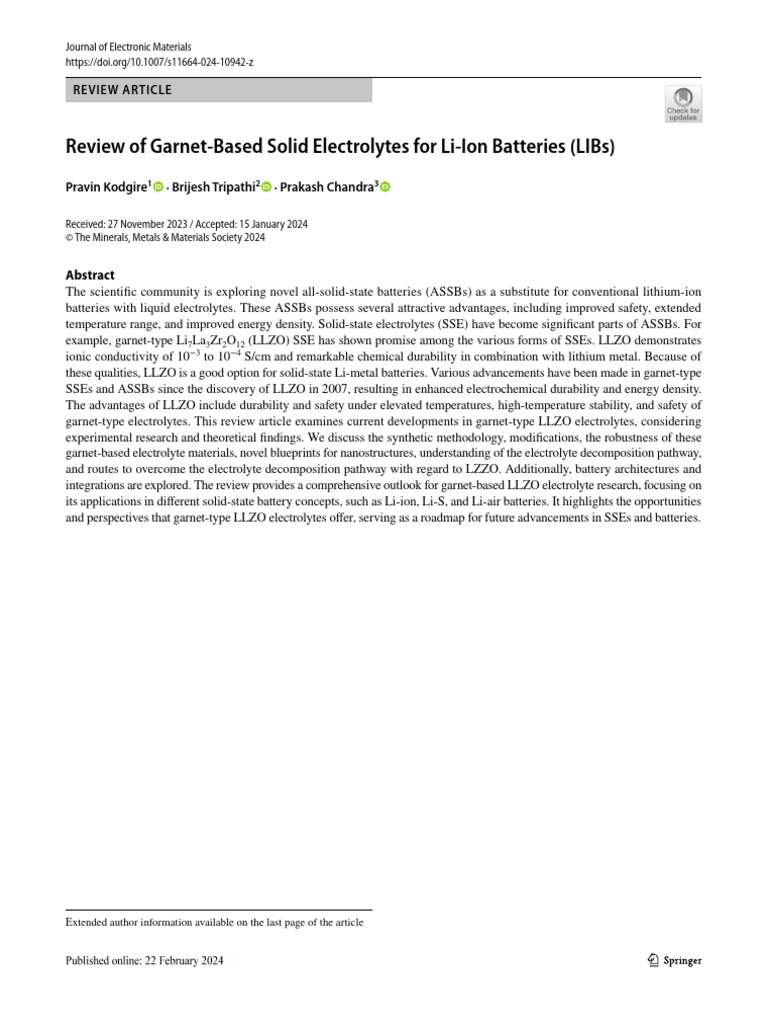 Review of Garnet Based Solid Electrolytes For Li Ion Batteries (Libs) | PDF