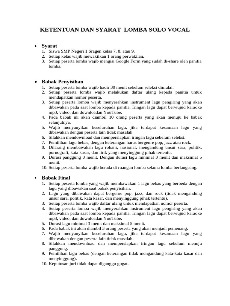 Ketentuan Lomba Solo Vocal | PDF