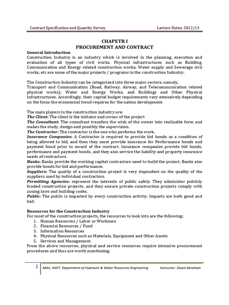 AContract Specification and Quantity Surveying Lecture Note - 2 | PDF