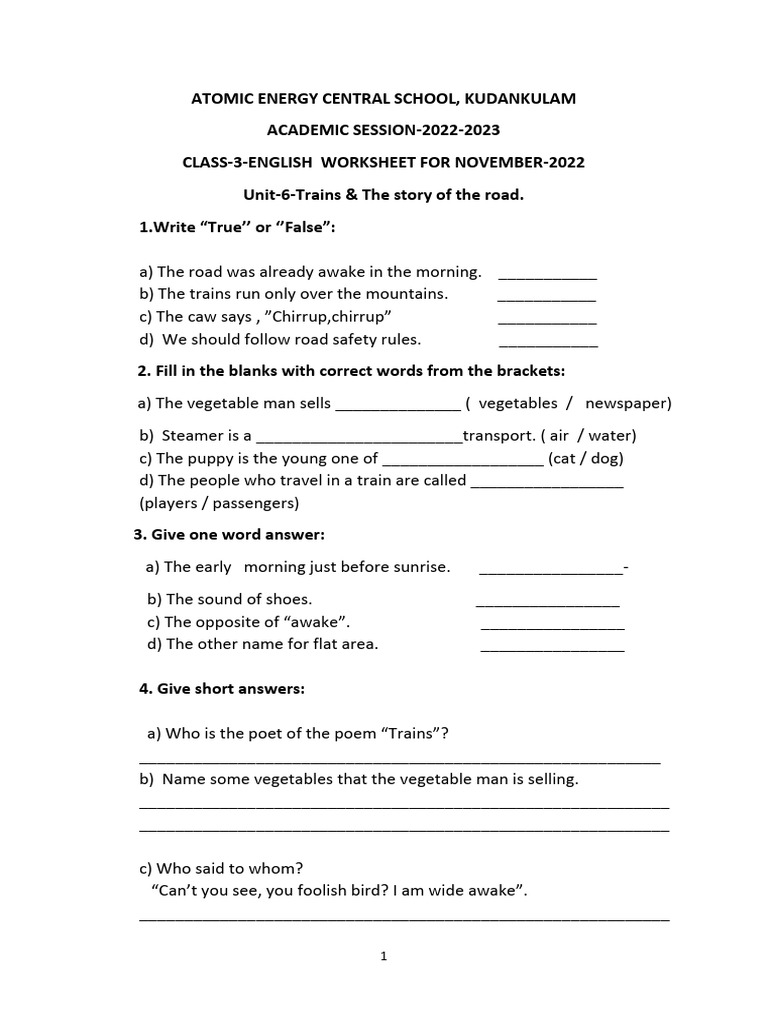 class 3 Eng_units-6&7 worksheet--Nov | PDF