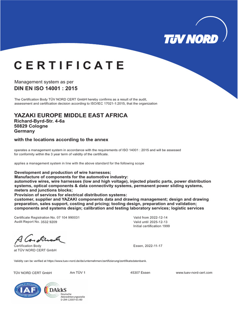 Yazaki Europe Middle East Africa ISO 14001 EN | PDF