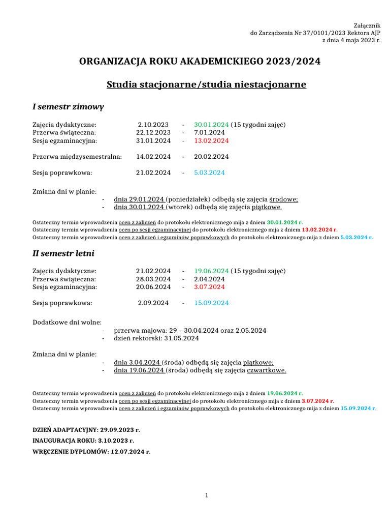 37-23 ZR Załącznik - Organizacja Roku Akademickiego 2023-2024 | PDF