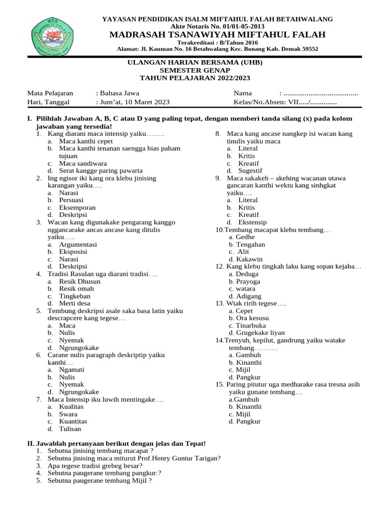 Soal Bahasa Jawa 2023 | PDF