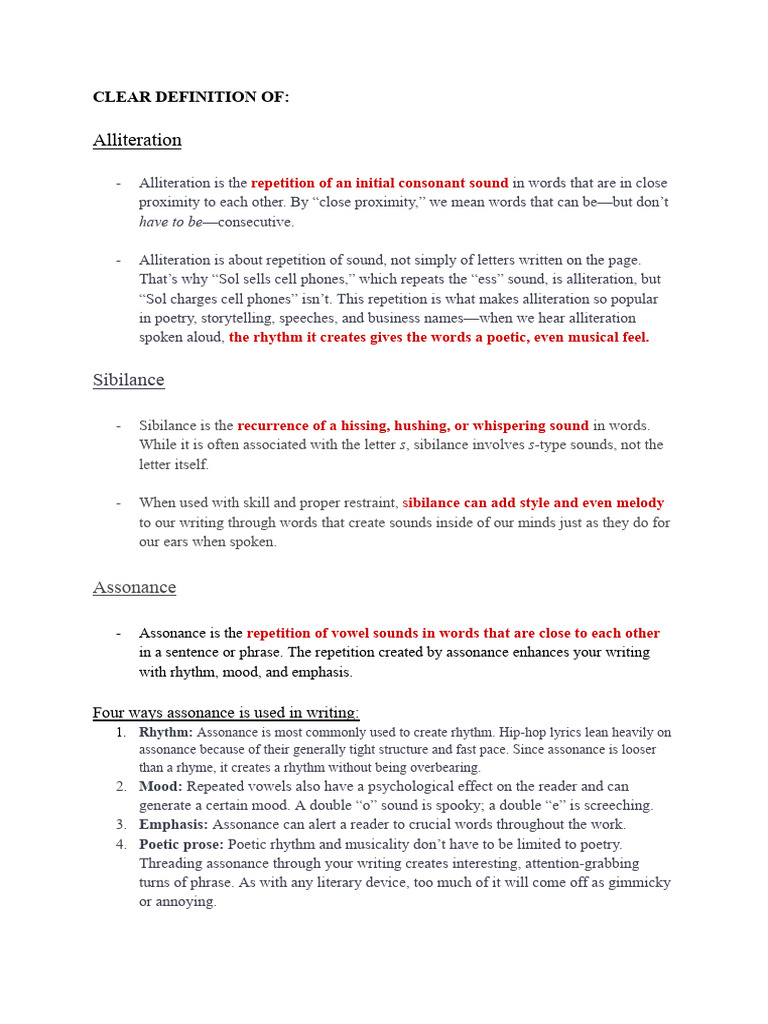 Alliteration, Sibilance and Assonance | PDF