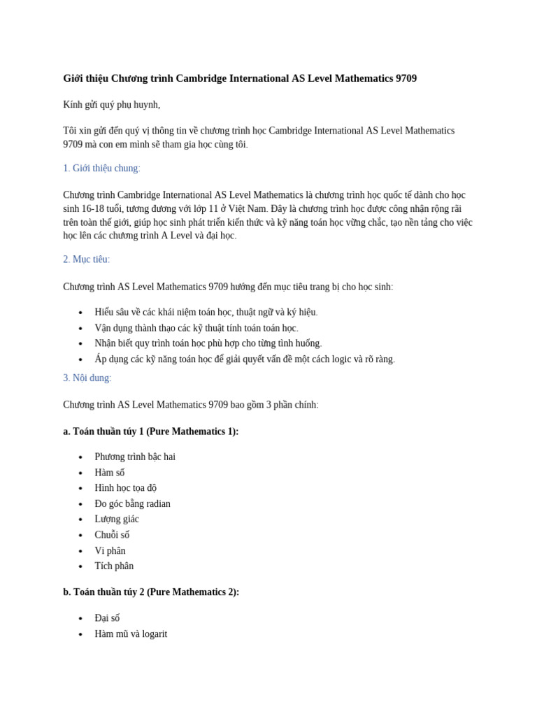 Giới Thiệu Chương Trình Cambridge International as Level Mathematics ...