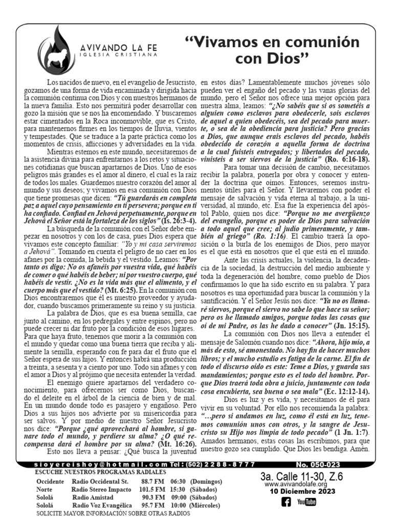 "Vivamos en Comunión Con Dios": Avivando La Fe | PDF