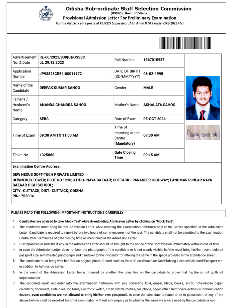 Admit Card Osssc | PDF