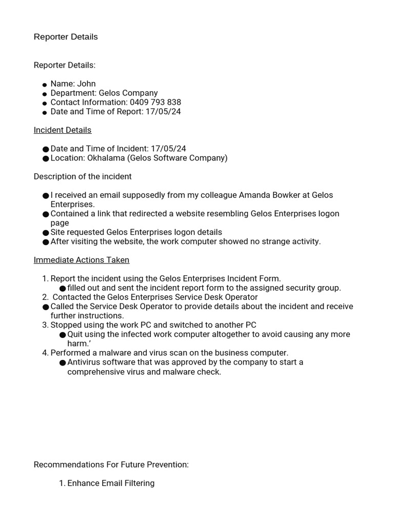 Gelos Enterprises Cyber Security Incident Report Form | PDF