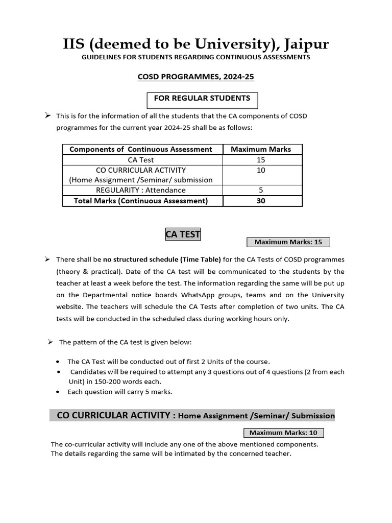 Guidelines for Students Continuous Assessments, Cosd Programme 24-25 | PDF