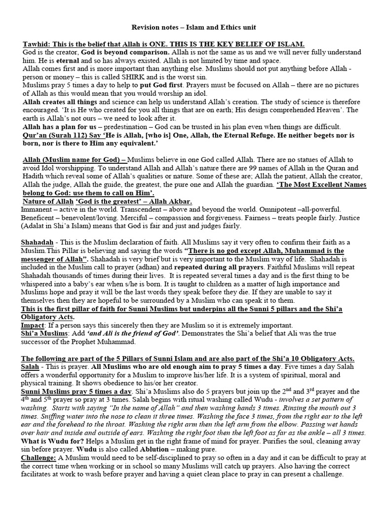 Revision Notes For Islam Unit | PDF
