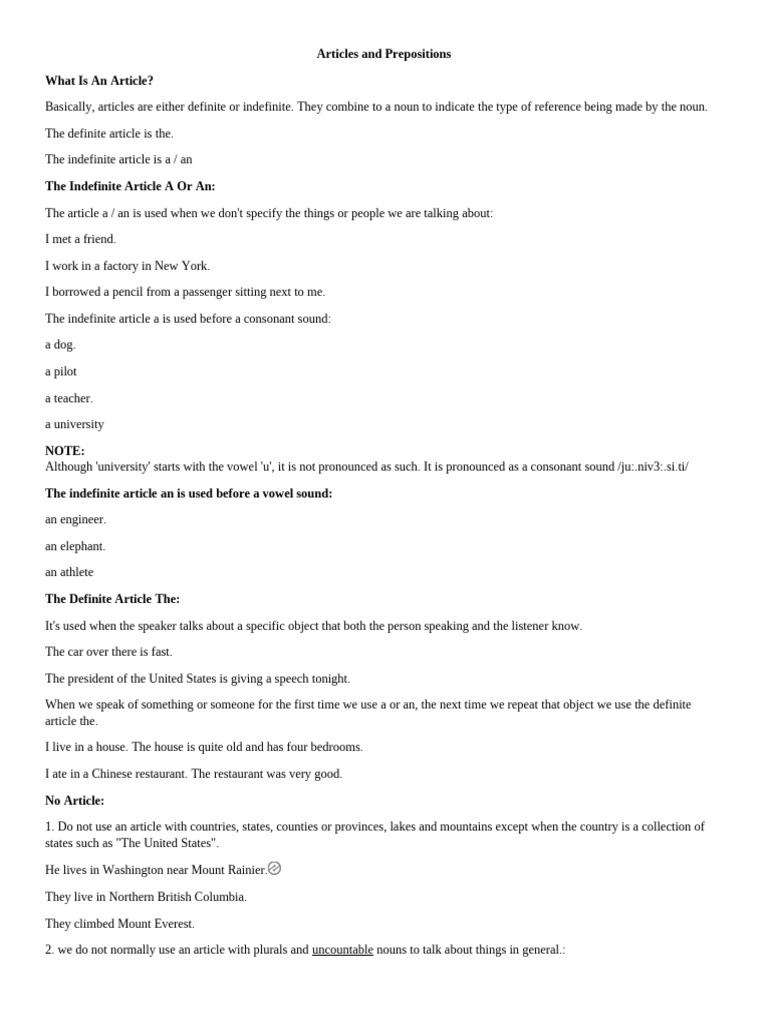 L5 Articles and Prepositions | PDF