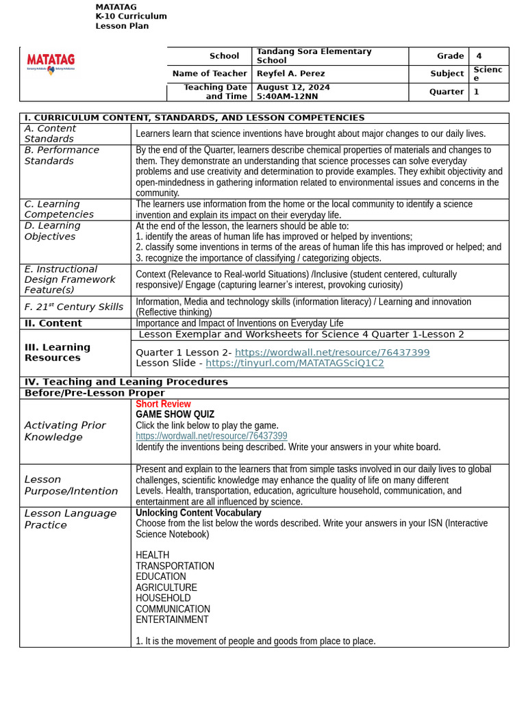 Perez Q1W2 D1 - Science | PDF