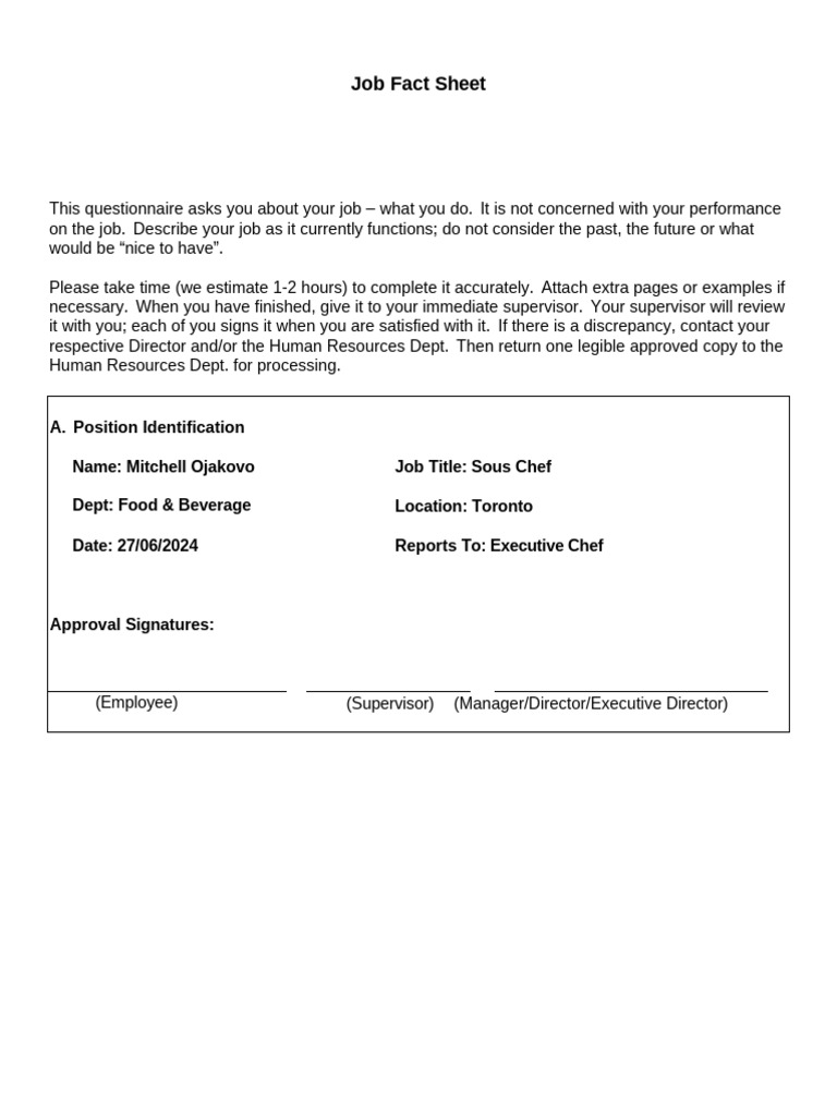 Job Fact Sheet Assignment | PDF | Chef | Business