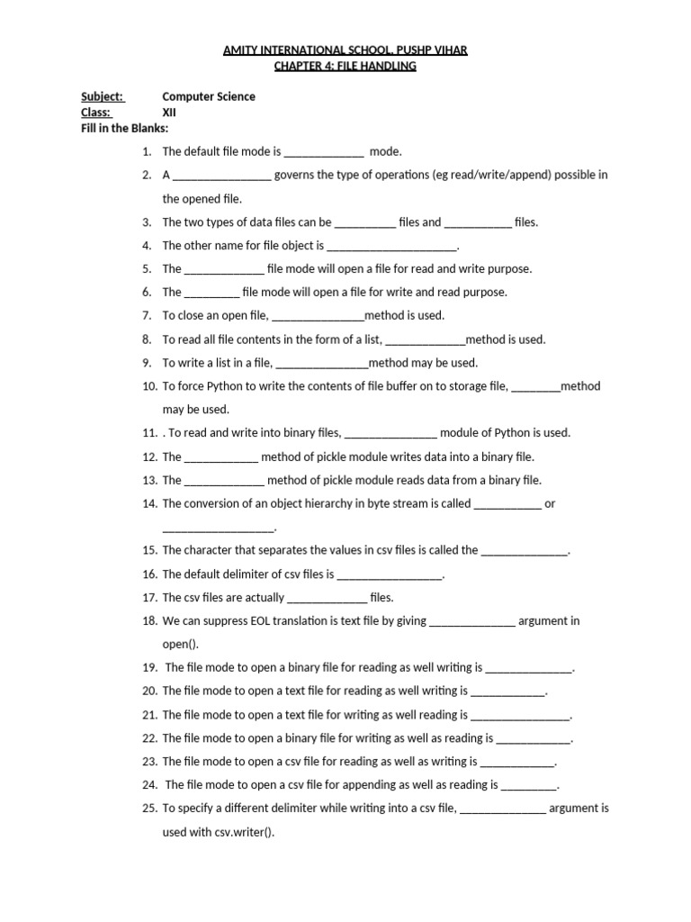 Amity International School, Pushp Vihar Chapter 4: File Handling Subject: Computer Science Class ...