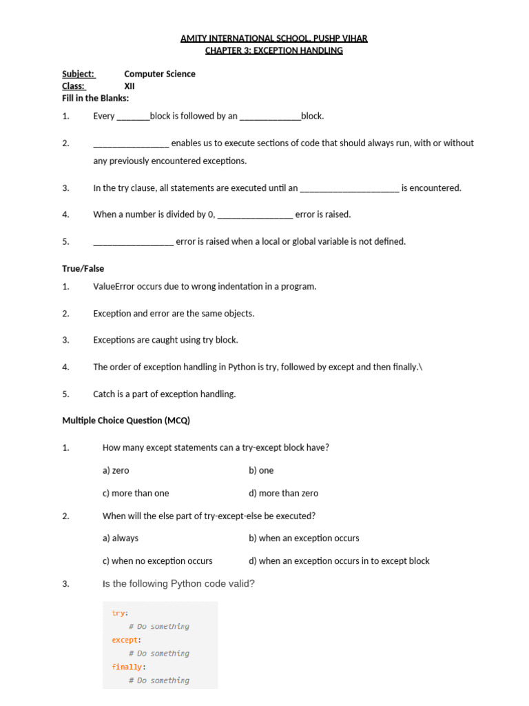 Amity International School, Pushp Vihar Chapter 3: Exception Handling ...