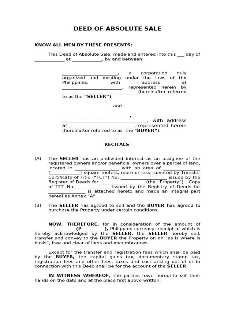Deed of Absolute Sale (Short) | PDF