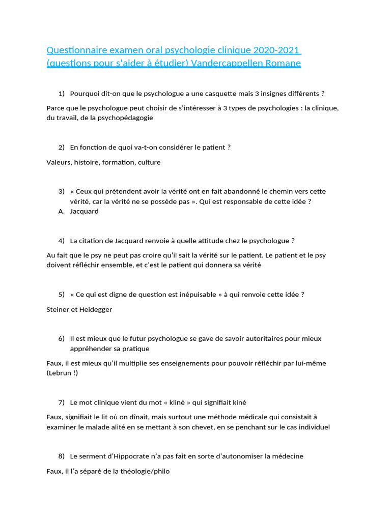 Questionnaire Examen Psycho Clinique 2020-2021 | PDF