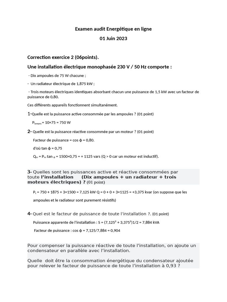 CorrigÃe Exerci 2 Examen Audit ÃnÃrgÃtique 2023 | PDF