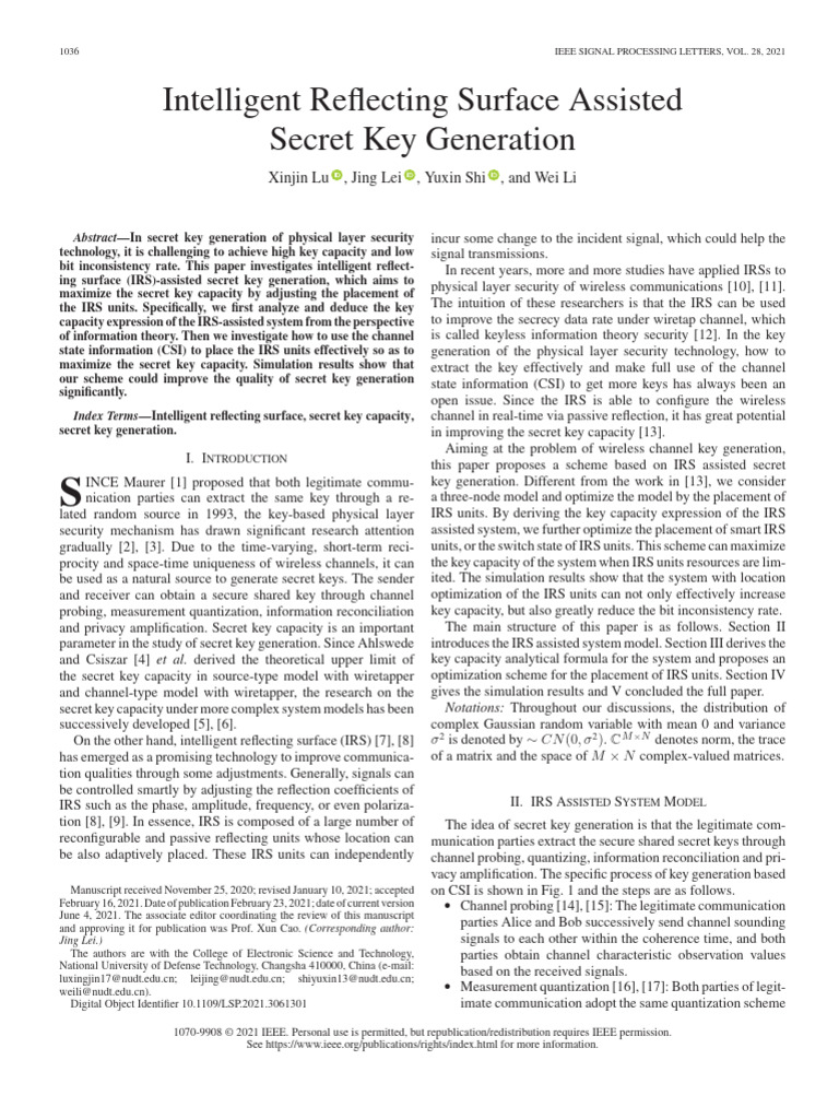 Intelligent Reflecting Surface Assisted Secret Key Generation | PDF | Duplex (Telecommunications ...