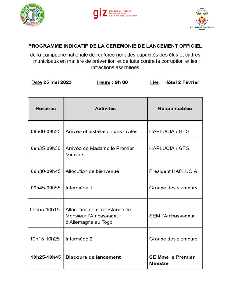 GFG - Programme de La Cérémonie de Lancement 080223 - 2 | PDF