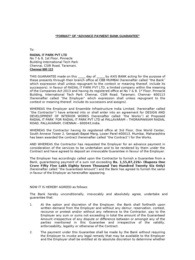 "Format" OF "Advance Payment Bank Guarantee": Radial It Park PVT LTD | PDF