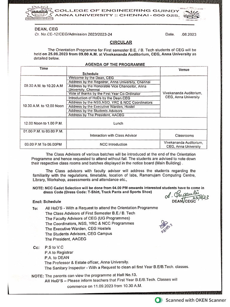 First Year (B.E. B.Tech) Orientation and Induction Programme Schedule ...