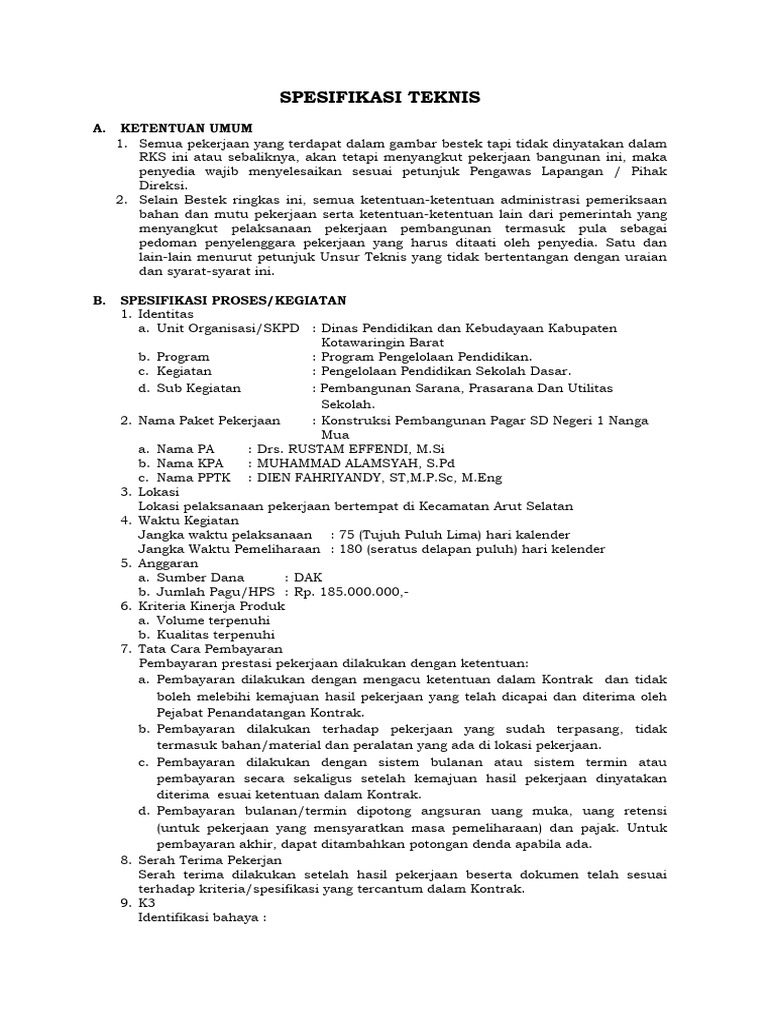 1 SPESIFIKASI TEKNIS SD 1 Nanga MUA | PDF