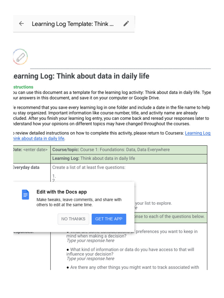 Learning Log Template- Think About Data in Daily Life | PDF
