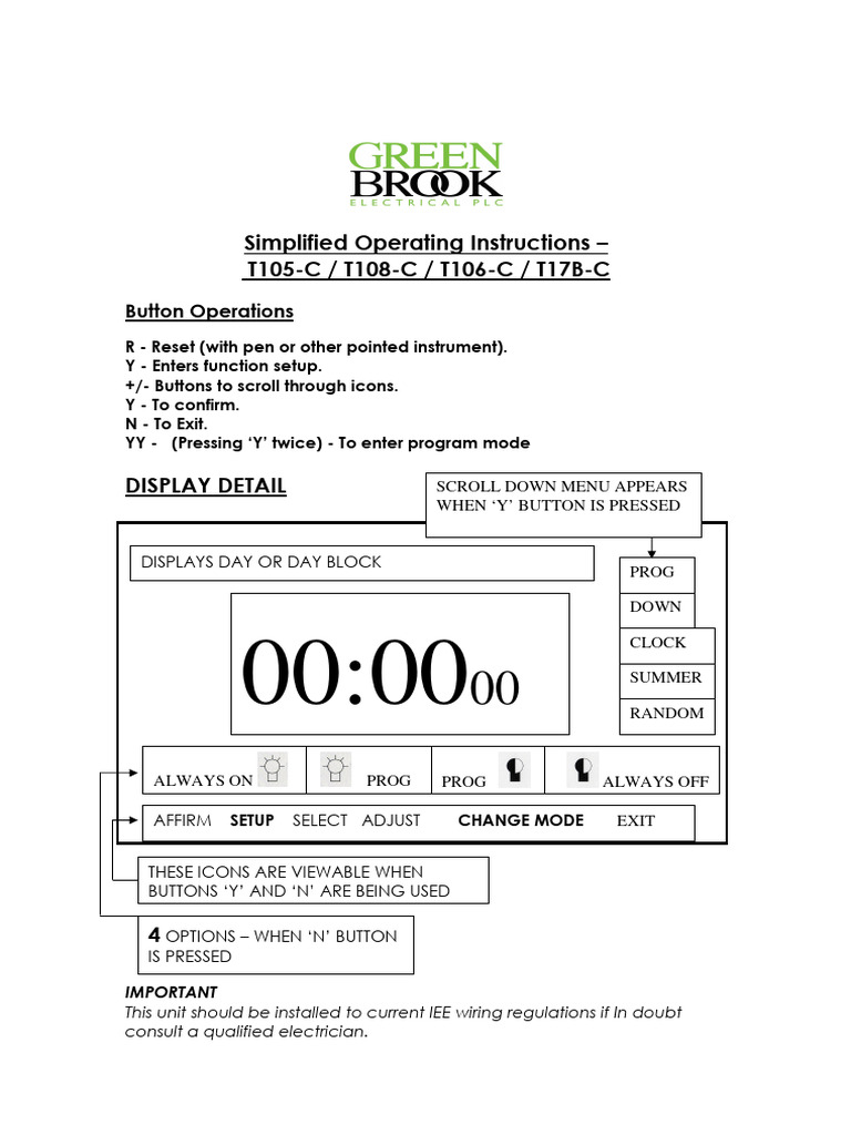 Greenbrook T106 C Time Clock Instruction Simplified Specification ...