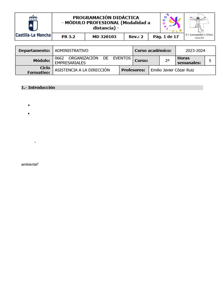 Programación Del Modulo (Organización de Eventos Empresariales) | PDF