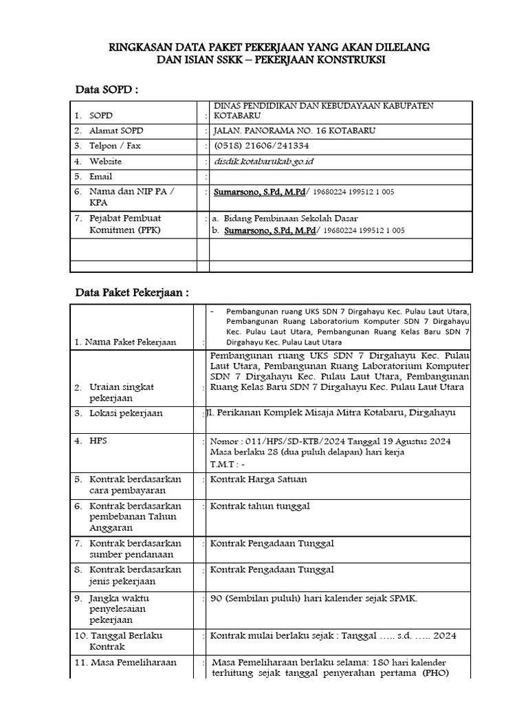 Ringkasan Data Paket Pekerjaan Perbaikan | PDF
