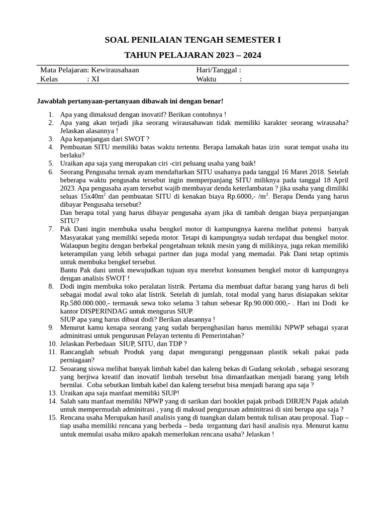 Soal Penilaian Tengah Semester 2023 | PDF