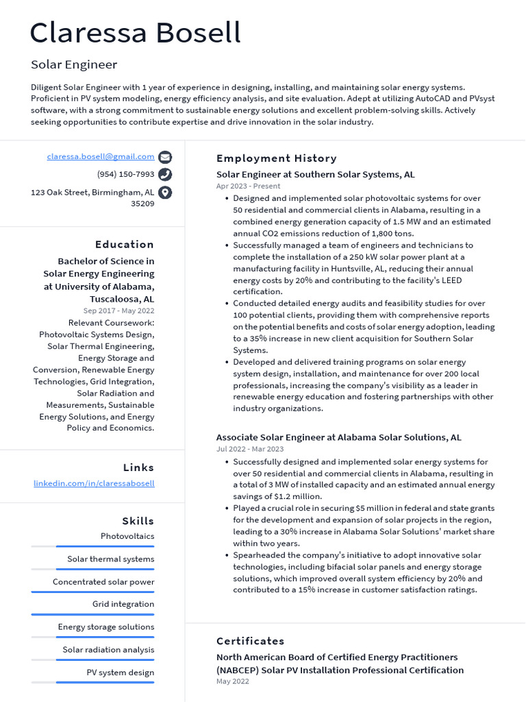 Solar Engineer Resume of Claressa Bosell | PDF | Solar Power ...