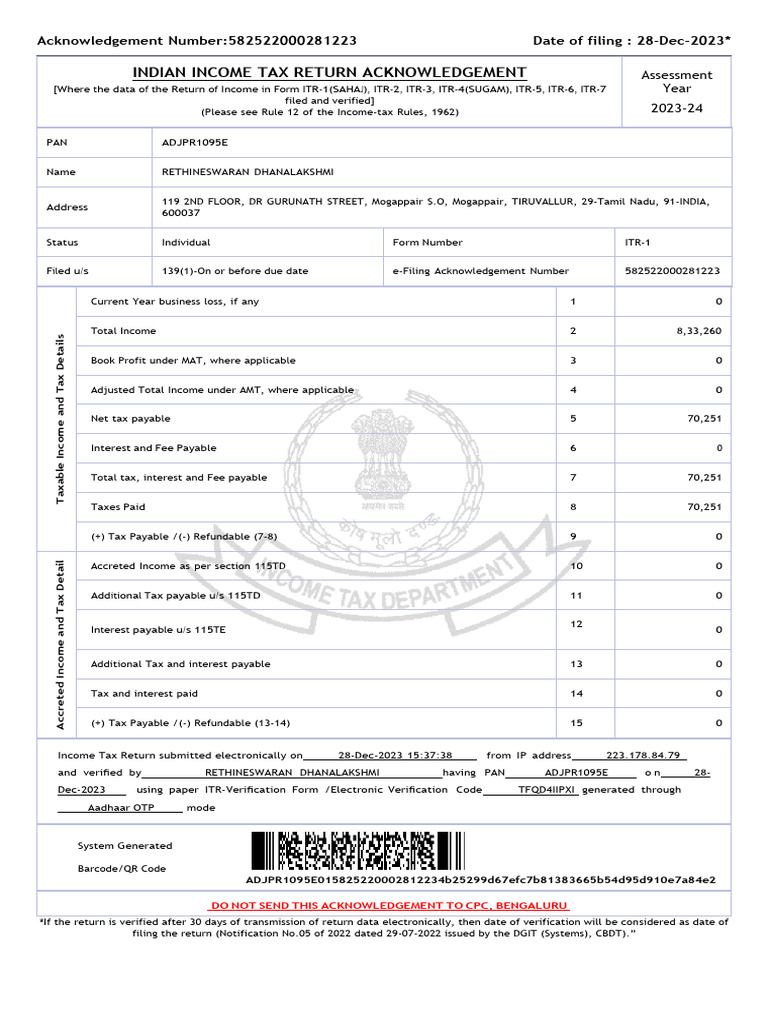 Indian Income Tax Return Acknowledgement: Acknowledgement Number ...