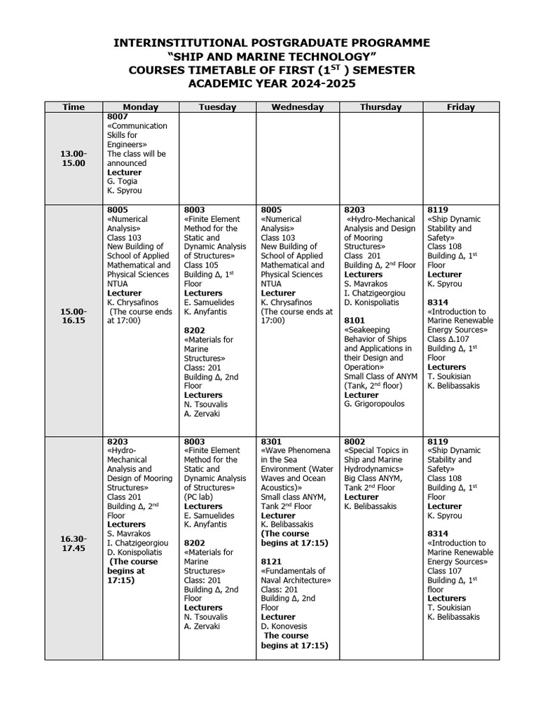 COURSE TIMETABLE OF 1st SEMESTER 2024-2025 | PDF