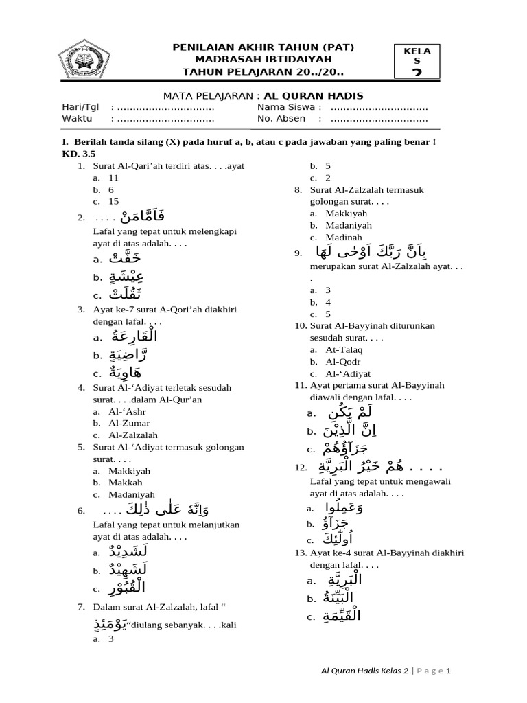 Soal PAT Kelas 2 MI Al Quran Hadis PDF