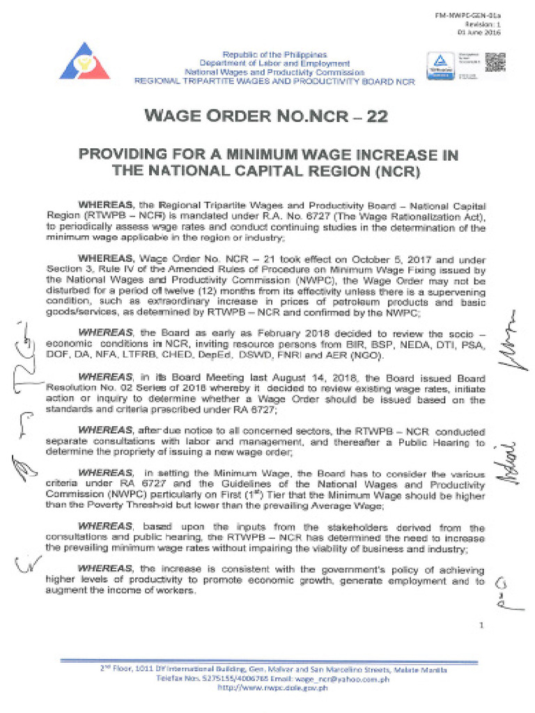 Wage Order No. NCR 22 | PDF