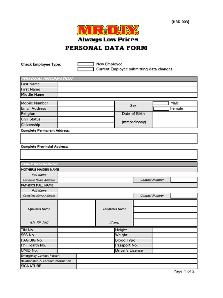Personal Data Sheet (HRD-003) BPI | PDF