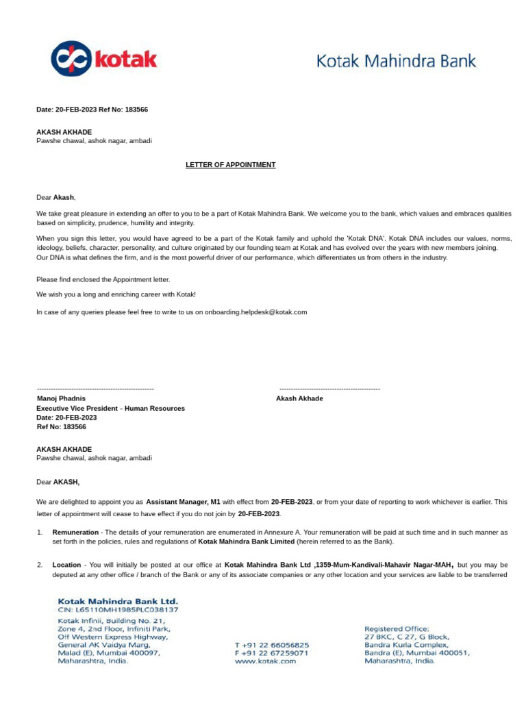 AKASH AKHADE Kotak-mahindra-Bank-Offer-Letter-Placement | PDF