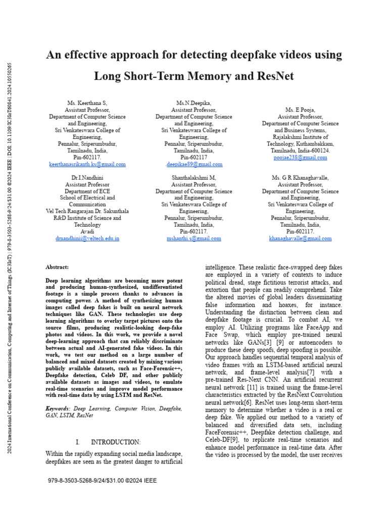 An Effective Approach For Detecting Deepfake Videos Using Long Short-Term Memory and ResNet | PDF