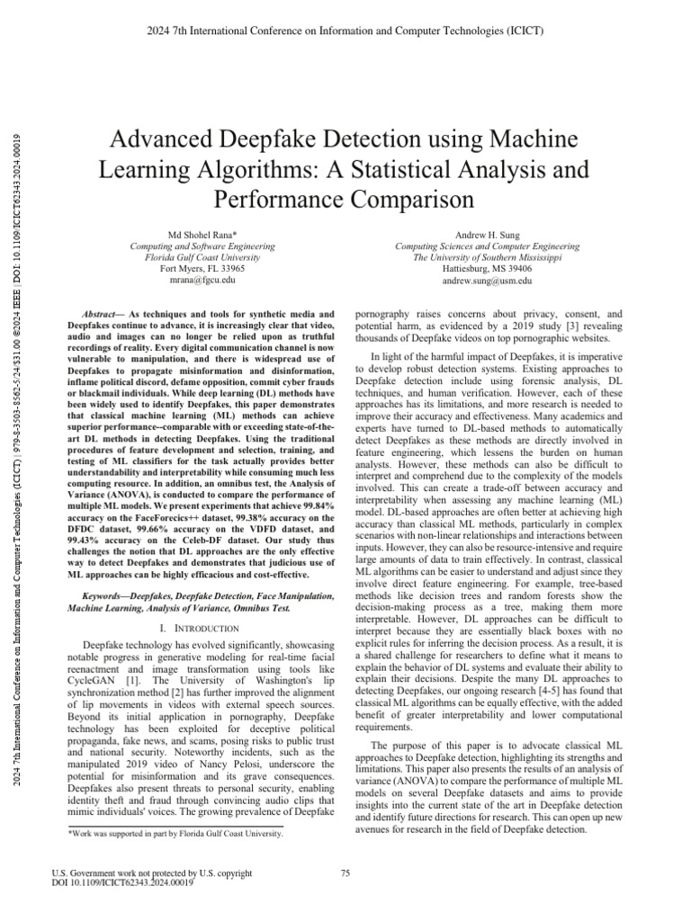 Advanced Deepfake Detection Using Machine Learning Algorithms A Statistical Analysis and ...