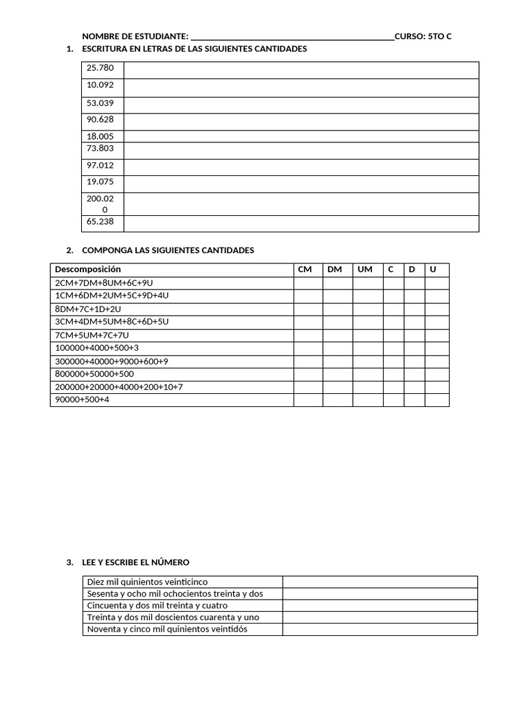 Componer y Descomponer Cantidades de 6 Cifras | PDF