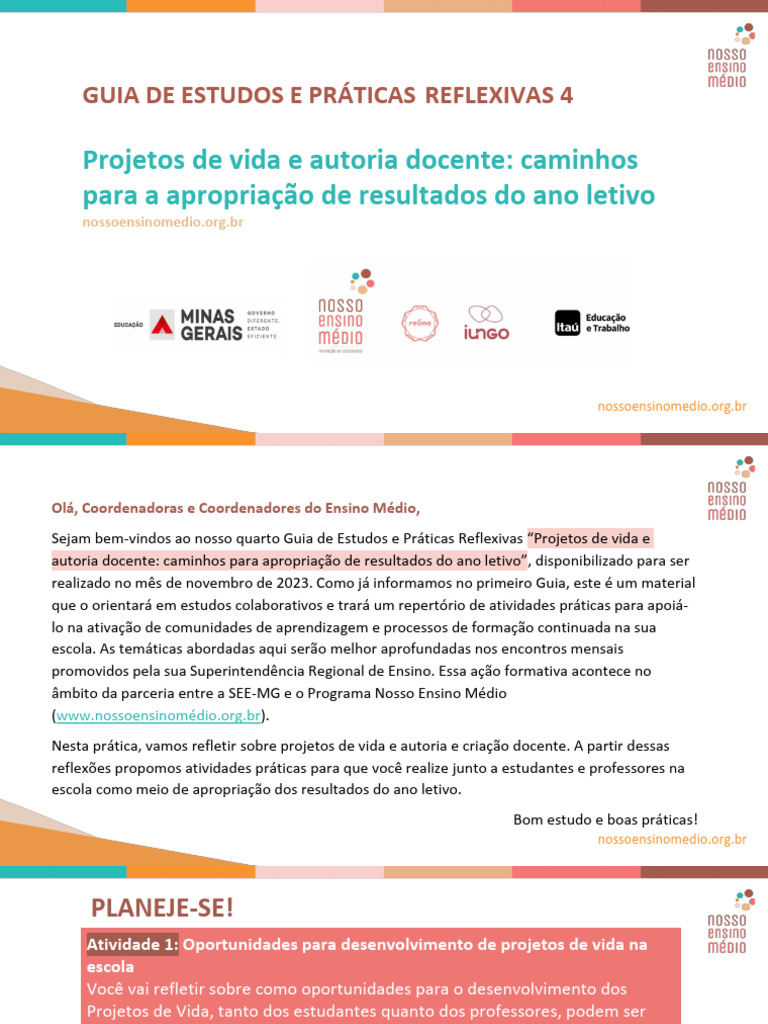 Guia de Estudos e Práticas Reflexiva 4 - Projetos de Vida e Autoria Docente | PDF