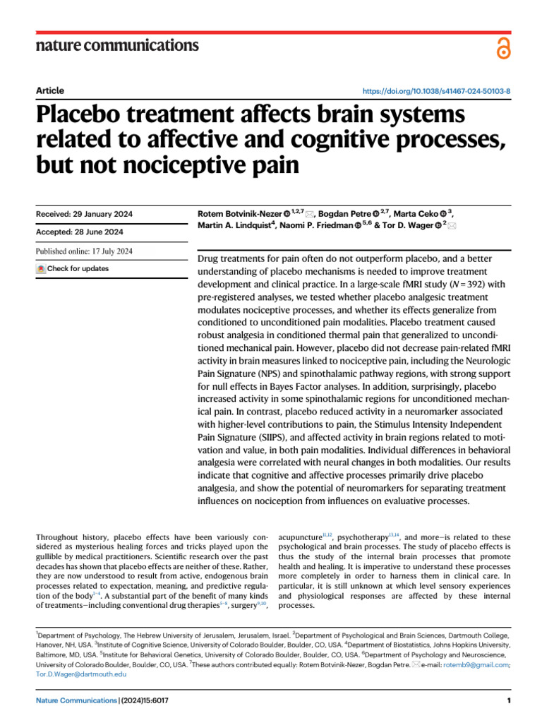 Placebo Treatment Affects Brain Systems Related To Affective and ...