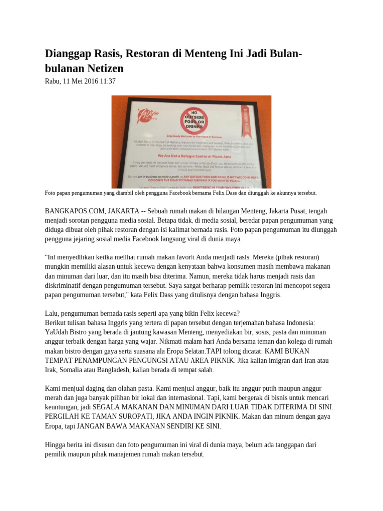 Dianggap Rasis, Restoran Di Menteng Ini Jadi Bulan-Bulanan Netizen | PDF