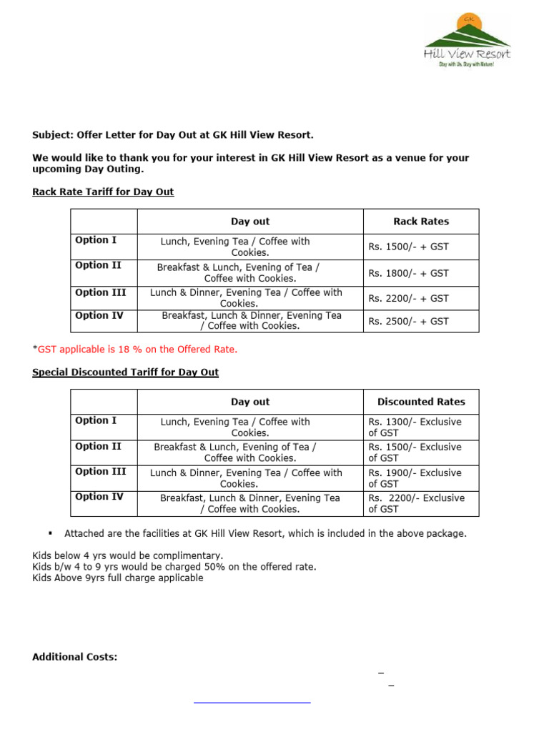 Day Outing 2024-2025 Quote - GK Hill View Resort | PDF