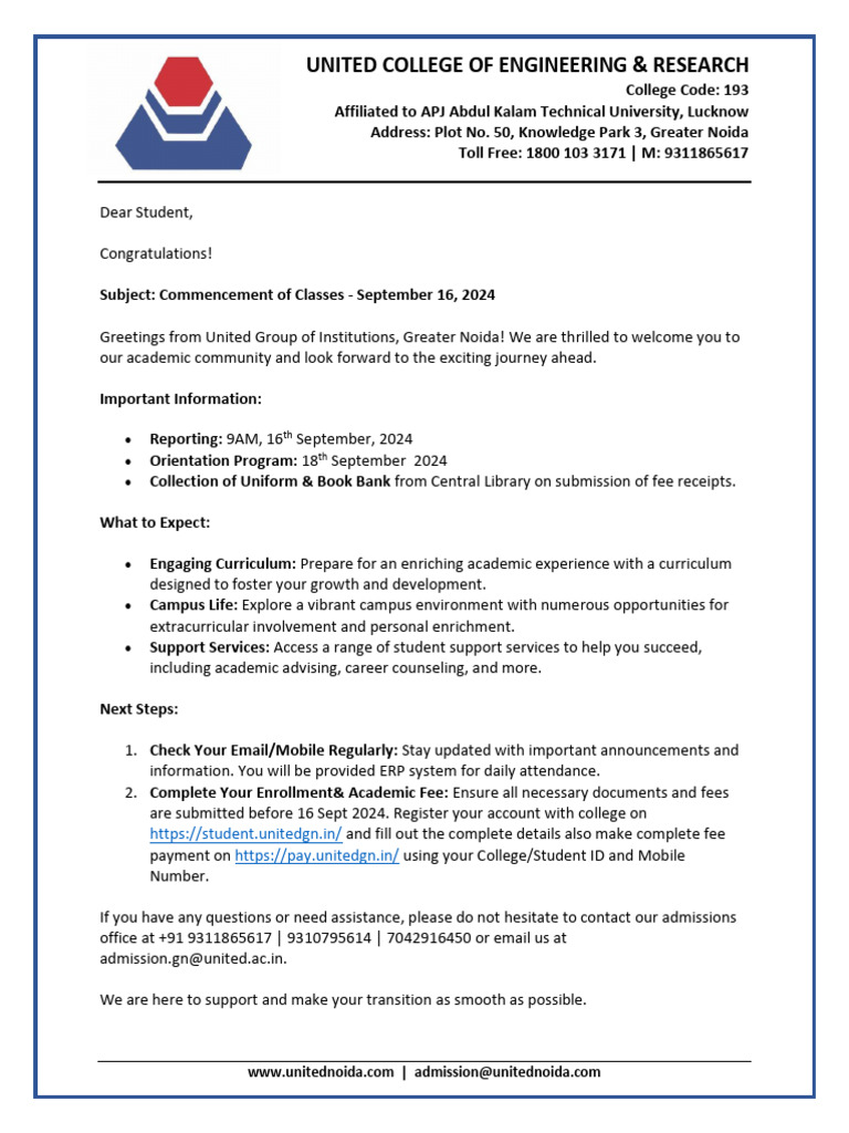 Commencement of Classes - 16 September 2024 | PDF