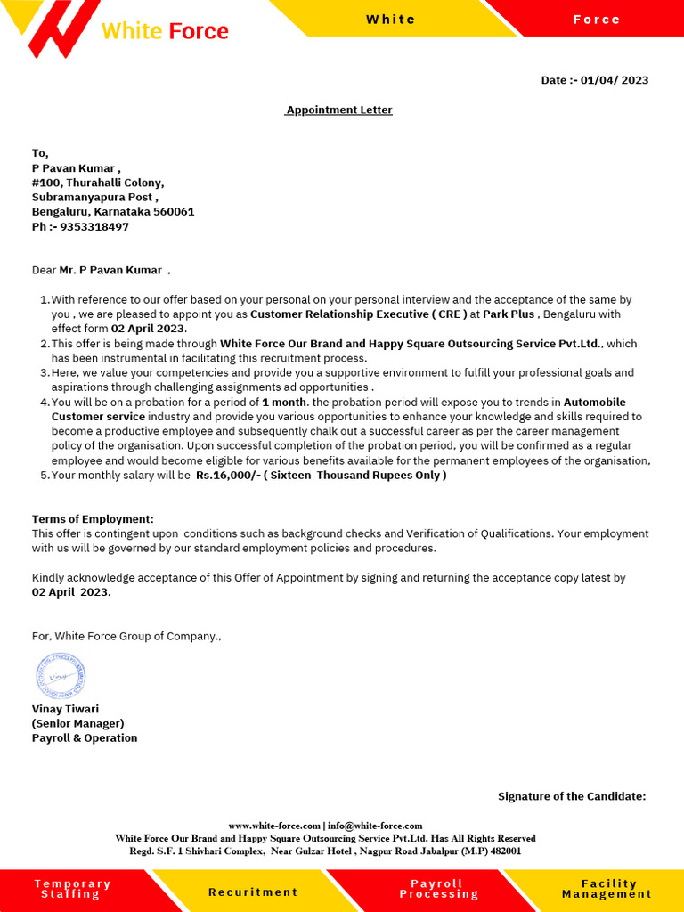 Offer Letter Park Plus | PDF